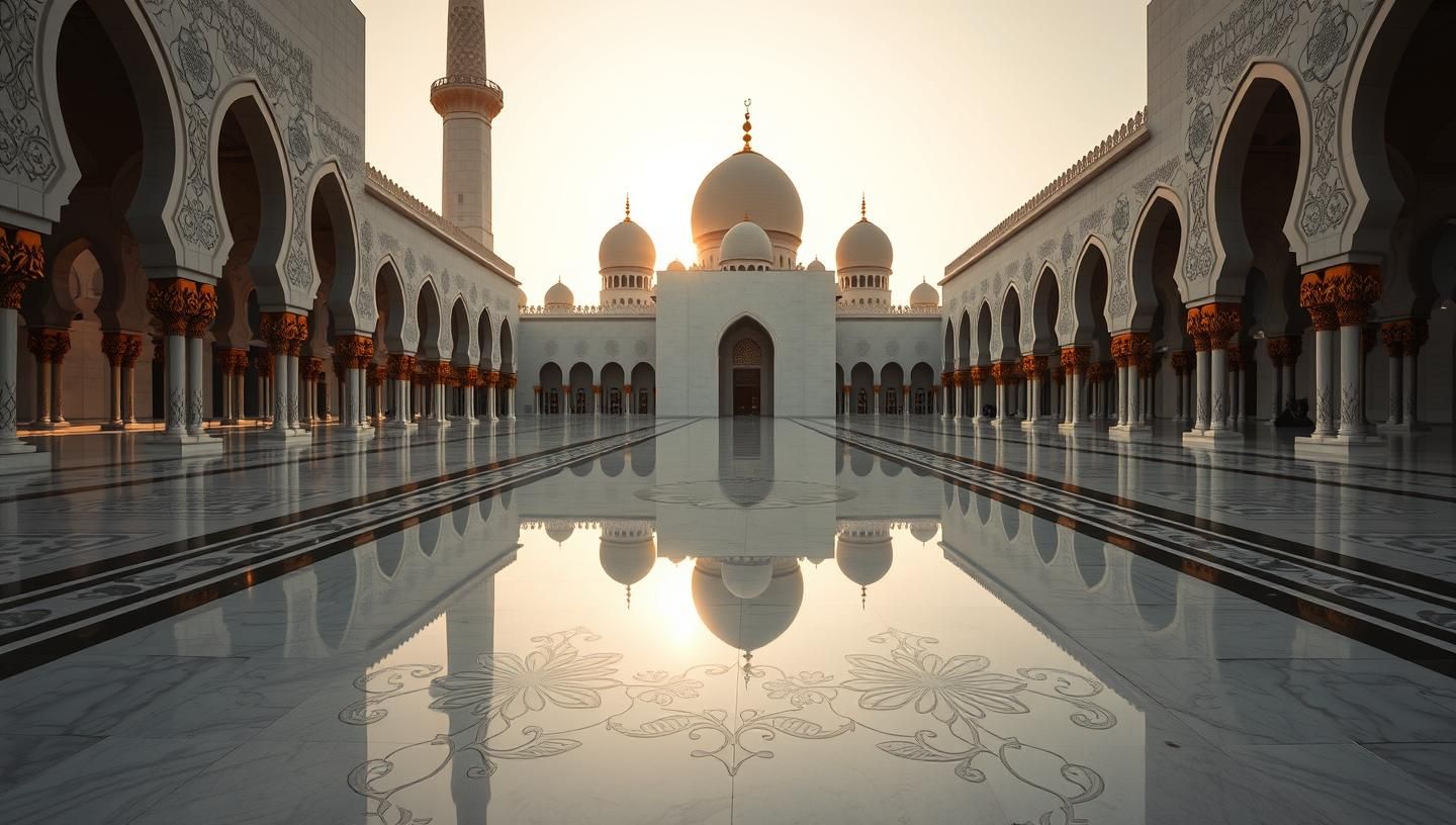 Sheikh Zayed Mosque & Registan Architecture. Golden Hour Reflection. 8k ...